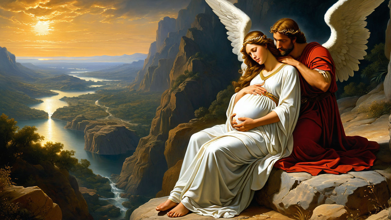Male angel consoling a pregnant Hagar who is sitting on a ro... by Jose ...