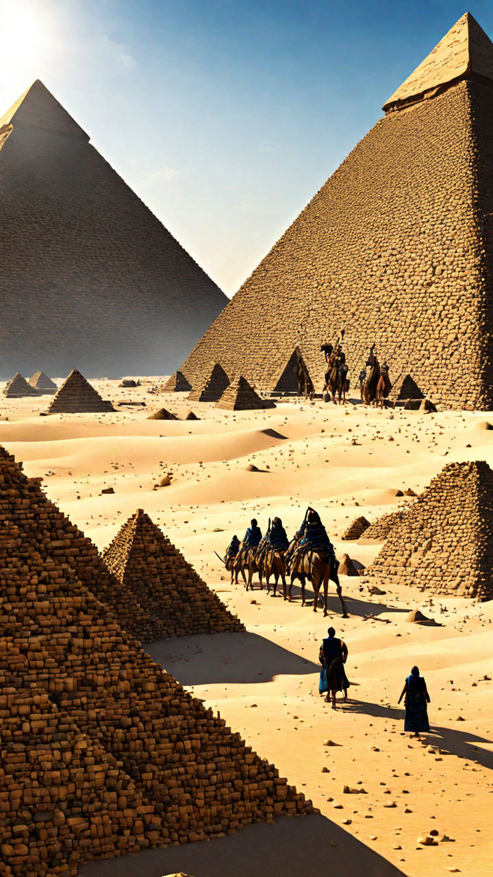 Create an image of the Egyptian pyramids being built by gian... by ...