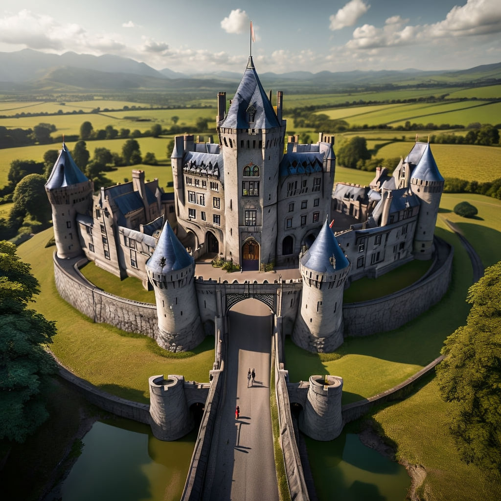 Photorealistic close up of a modern day castle with symmetri... by ...