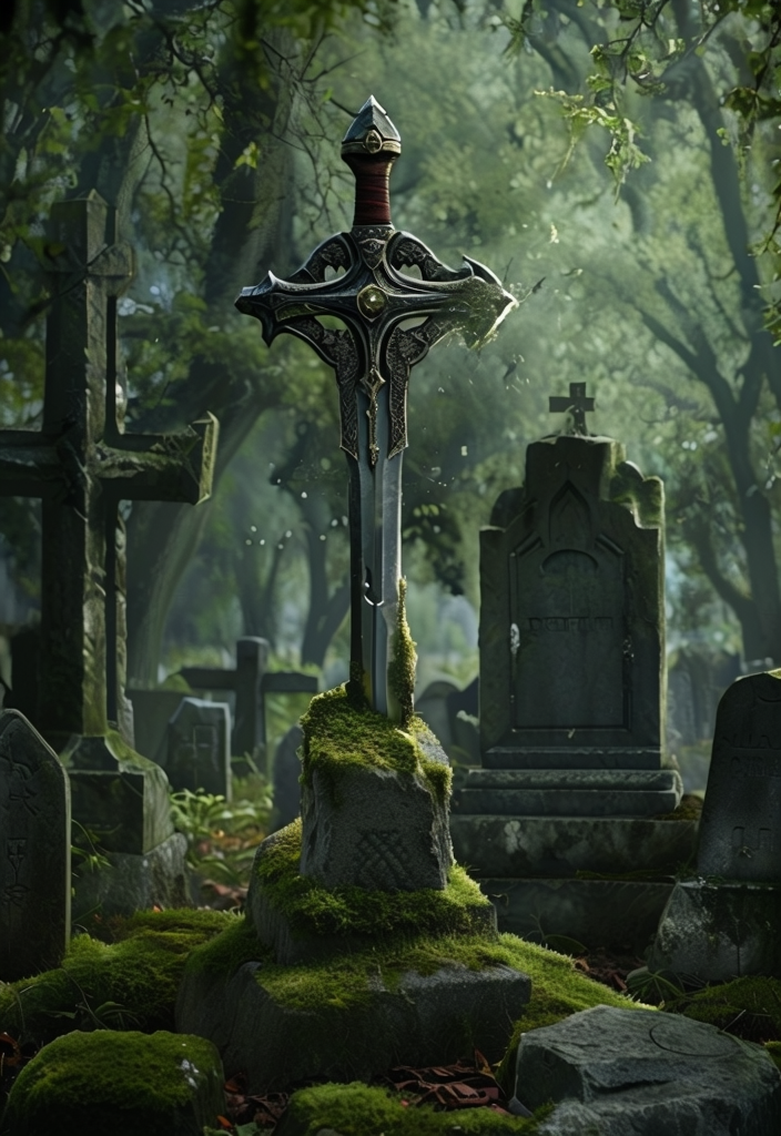 A detailed image of an enchanted medieval fantasy sword thru... by ...