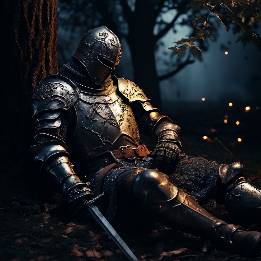 Two sad medieval knight lying down and leaning against a tre... by ...