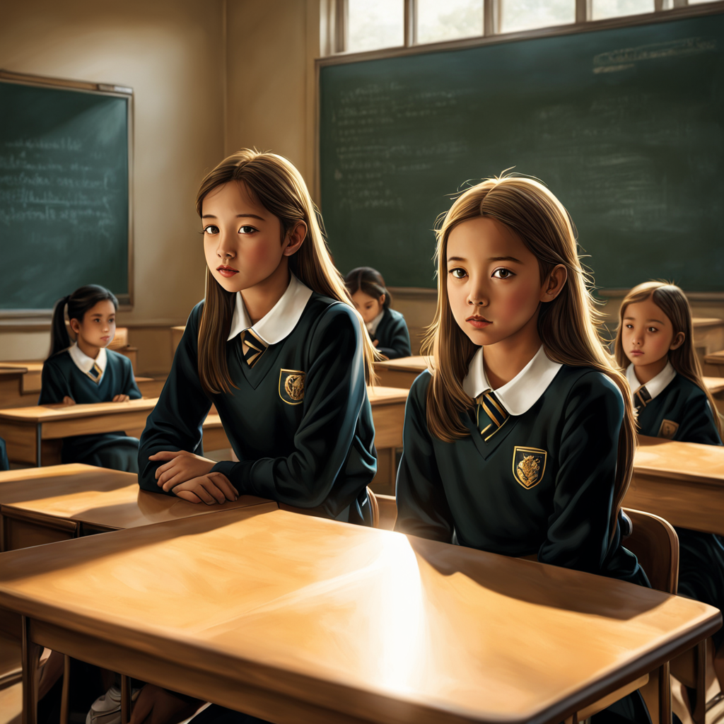 Two striking girls seated in the center of a school classroo... by ...
