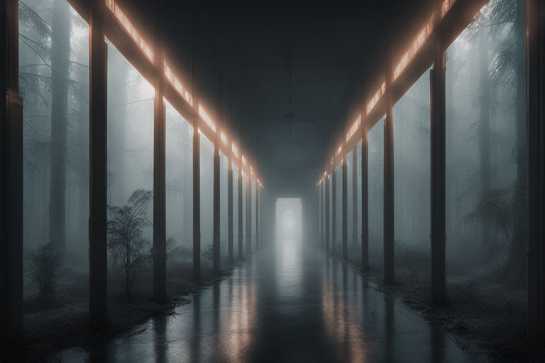 A surreal office building hallway in the middle of a dark fo... by ...