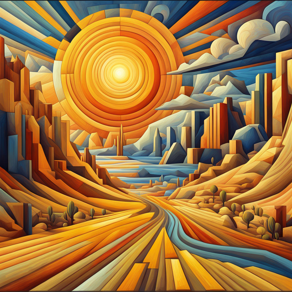A cubist painting of desert and huge sun overhead by Youssouf Dontwant ...