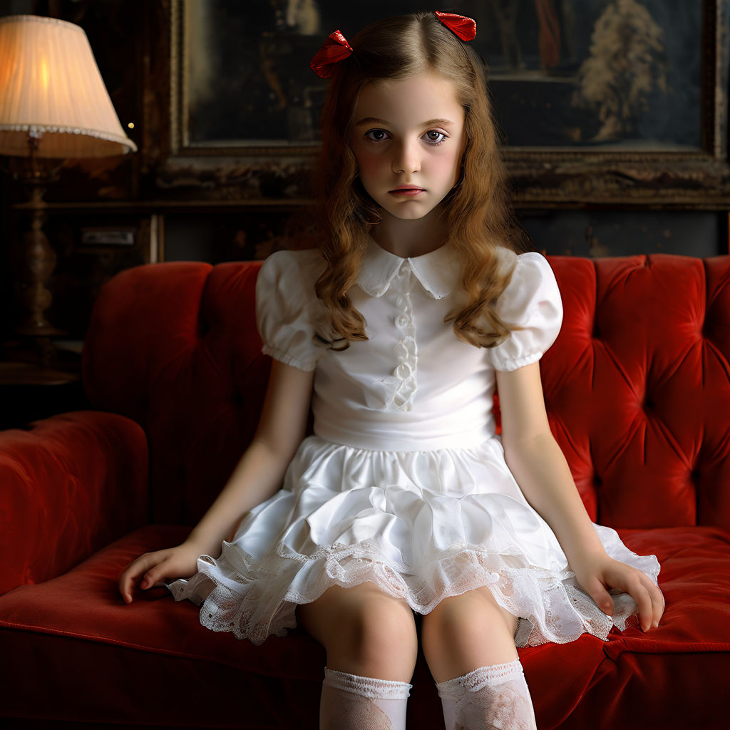 13 year old blood girl in dress with white stockings sitting... by Andrzej Fryca - Playground