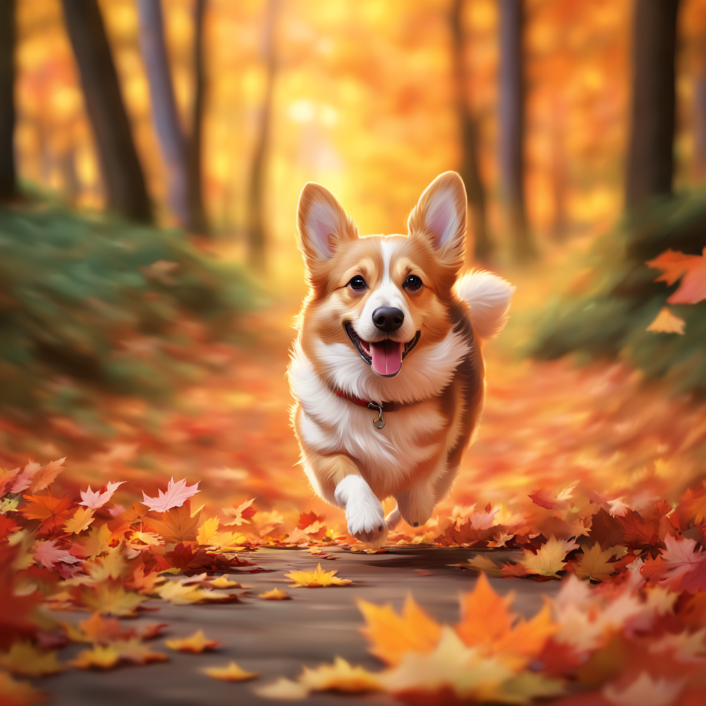 Corgi bounds across a leaf-strewn path by Tuệ Quân Ngô - Playground Corgi bounds across a leaf-strewn path by Tuệ Quân Ngô - Playground