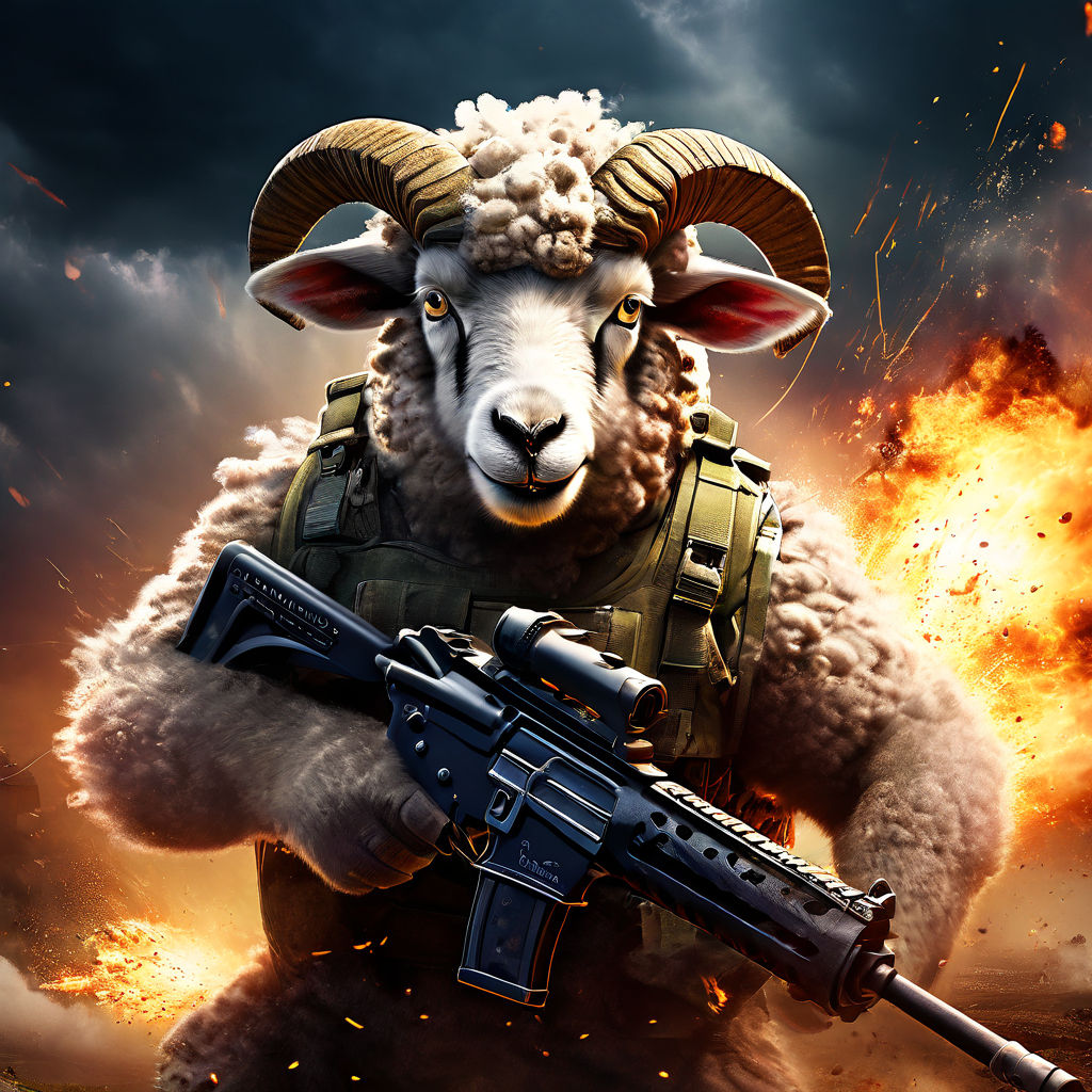 A muscular Rambo sheep firing a machine gun with an extended... by ...