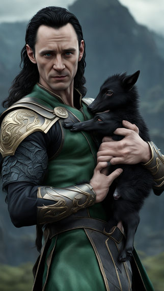 The norse god named (Loki) holding a little black colt in hi... by ...