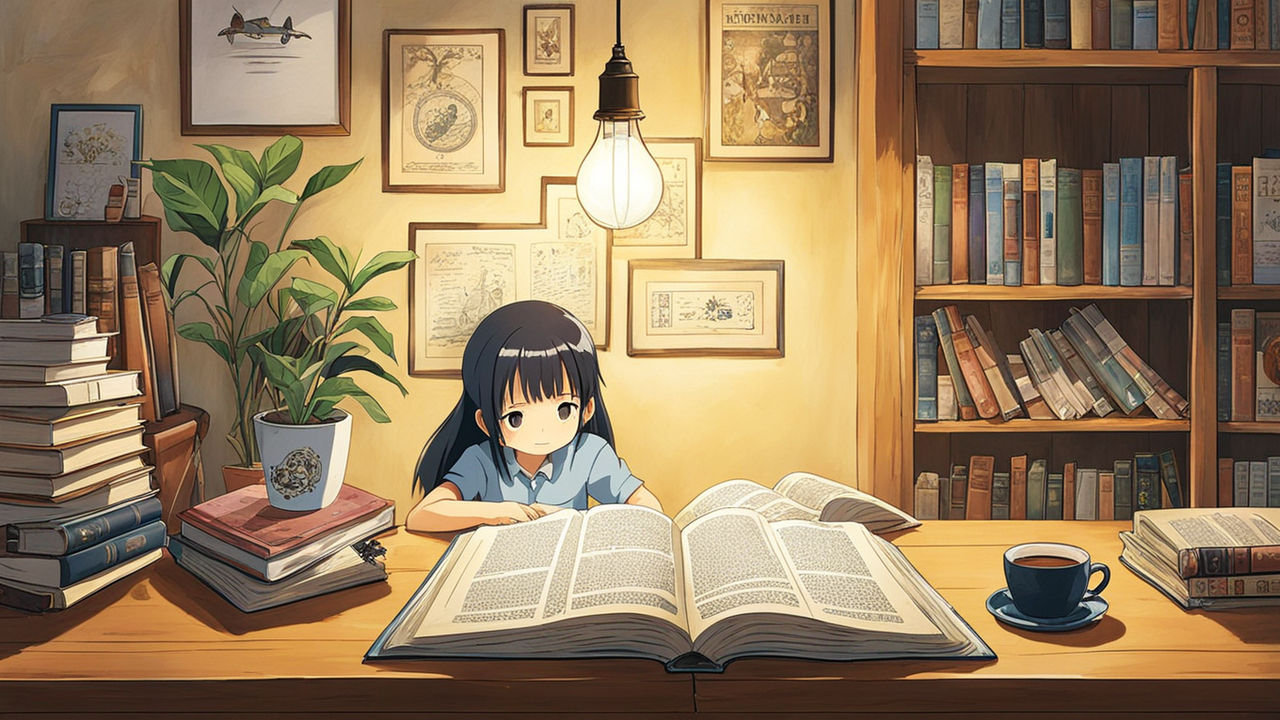 Ilustrasi anime yang menunjukkan ruang belajar yang nyaman d... by Alvi ...