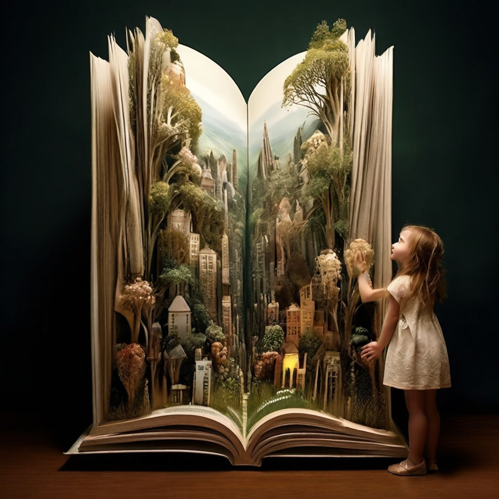 Make a giant book open vertically and a little girl entering... by ...