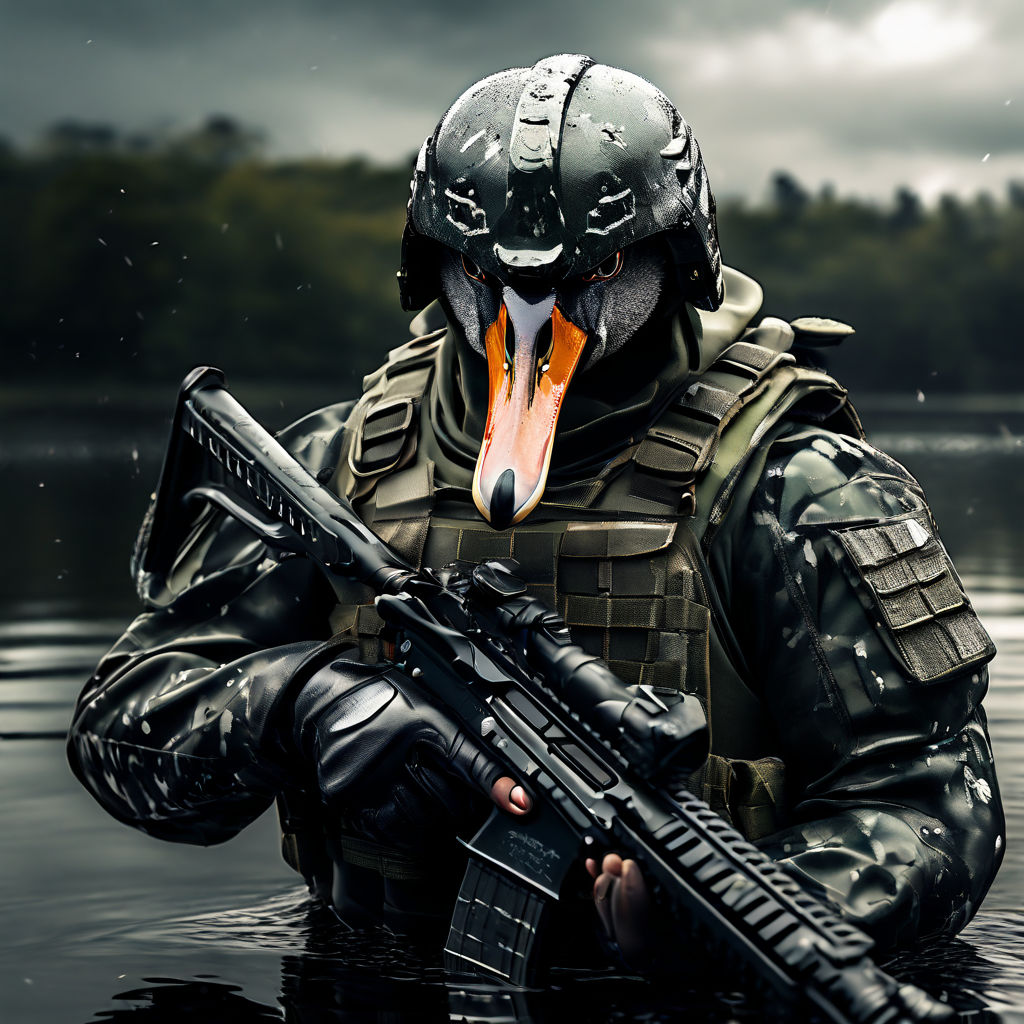 Swan donning military helmet by Pizza Amico - Playground