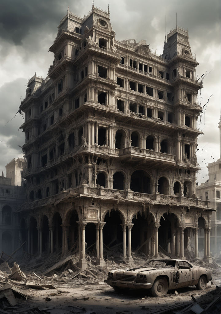 Half-destroyed palace displaying a blend of terror and opule... by Ravi ...