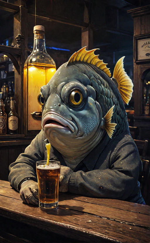 Sad fish sitting in pub with alcohol drink by Tuka Purevee - Playground