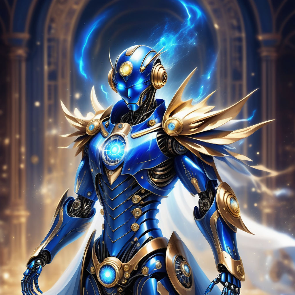 A robot wearing blue magical steampunk exoskeleton suit by Mello Dy ...