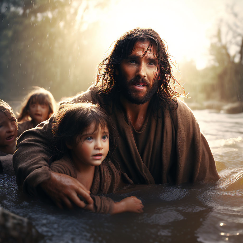 Jesus rescuing children from a flood. Realistic by Gilmar Alves ...