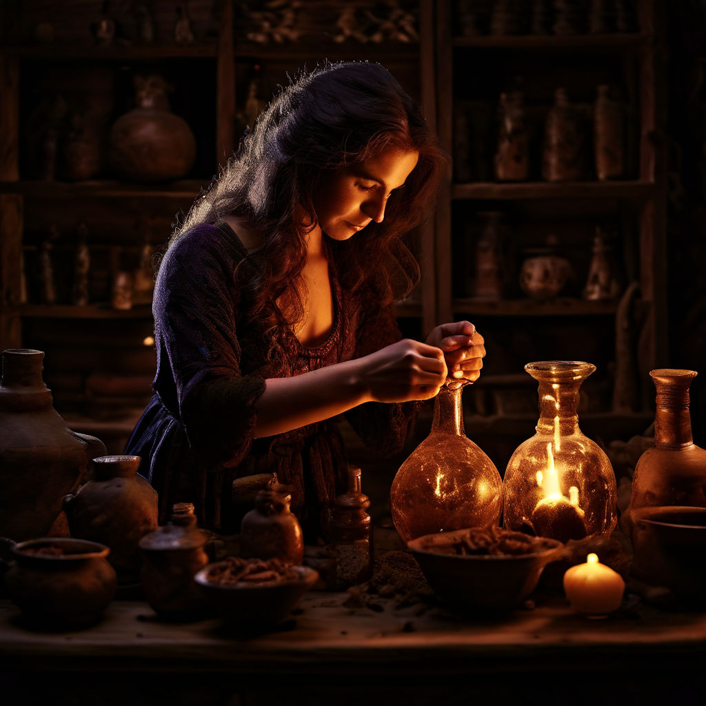 A woman is preparing a potion with ancient recipes in a dark... by ...
