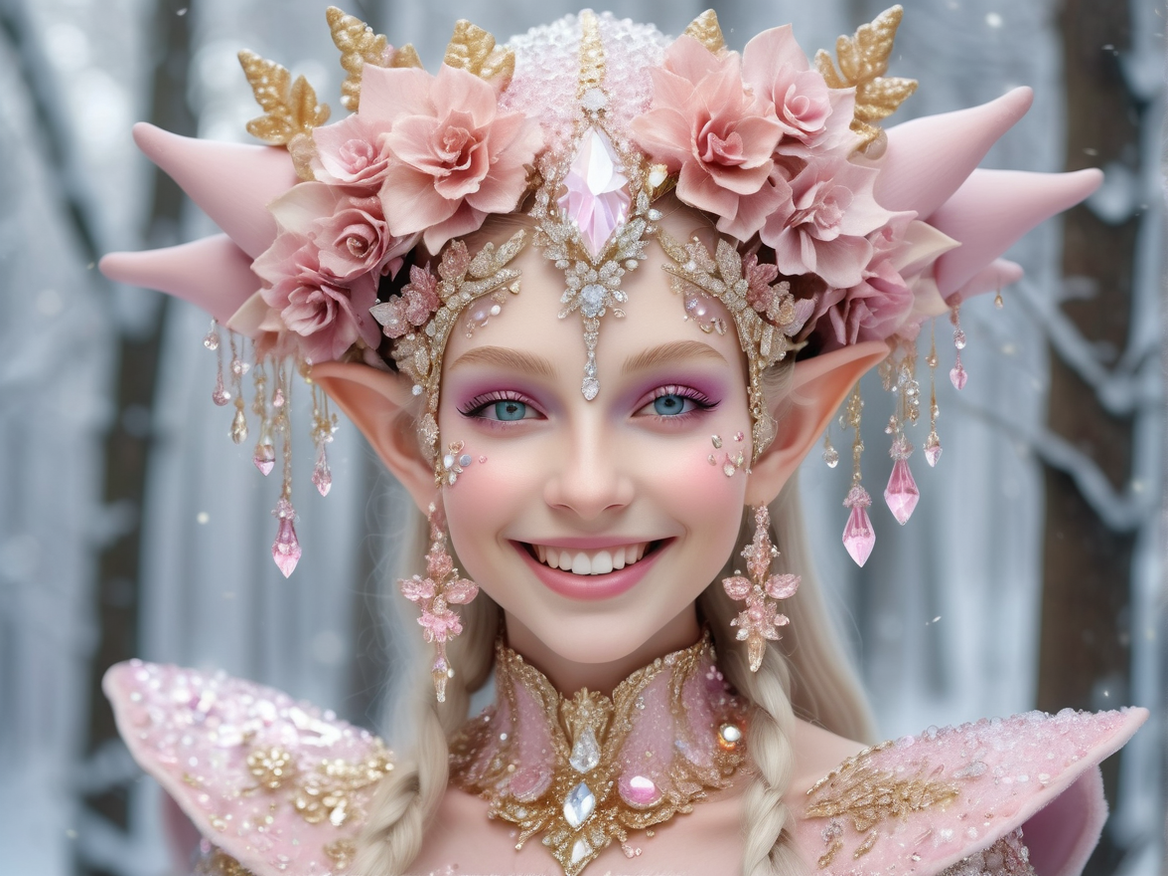 Smiling elf lady with pointed ears adorned with rhinestones by Deborah ...