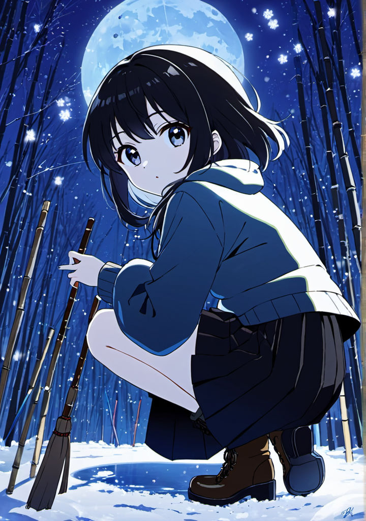 Anime Style Artwork Of A Girl With Flowing Black Hair Steppi By 뽀삐