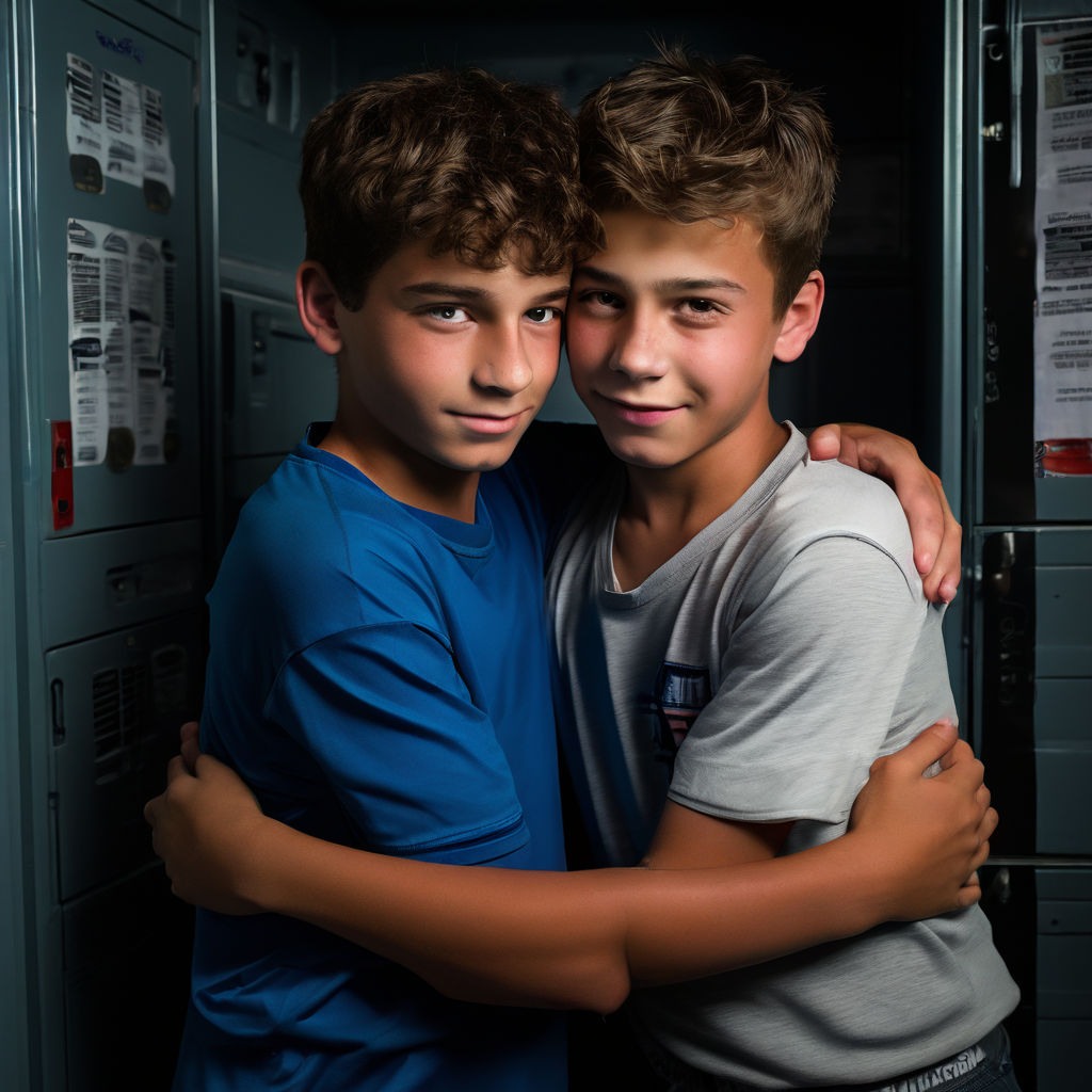 Two 14 year old boys hugging wearing only thin underpants in... by Matthew Mcmillan - Playground