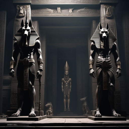 Dark Fantasy; A pair of 20-foot tall statues of anubis stand... by Luiz ...
