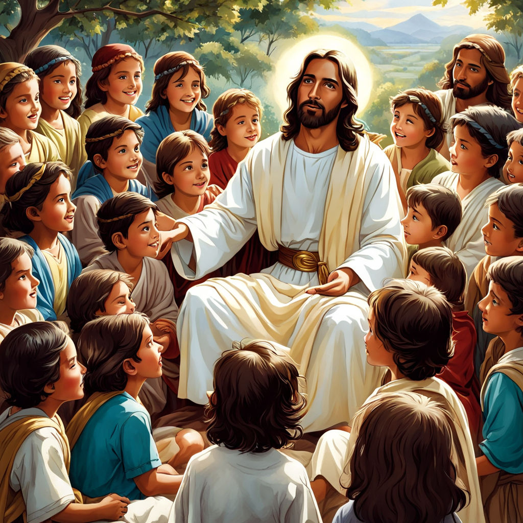 Jesus surrounded by children telling a beautiful story by Jaqueline ...