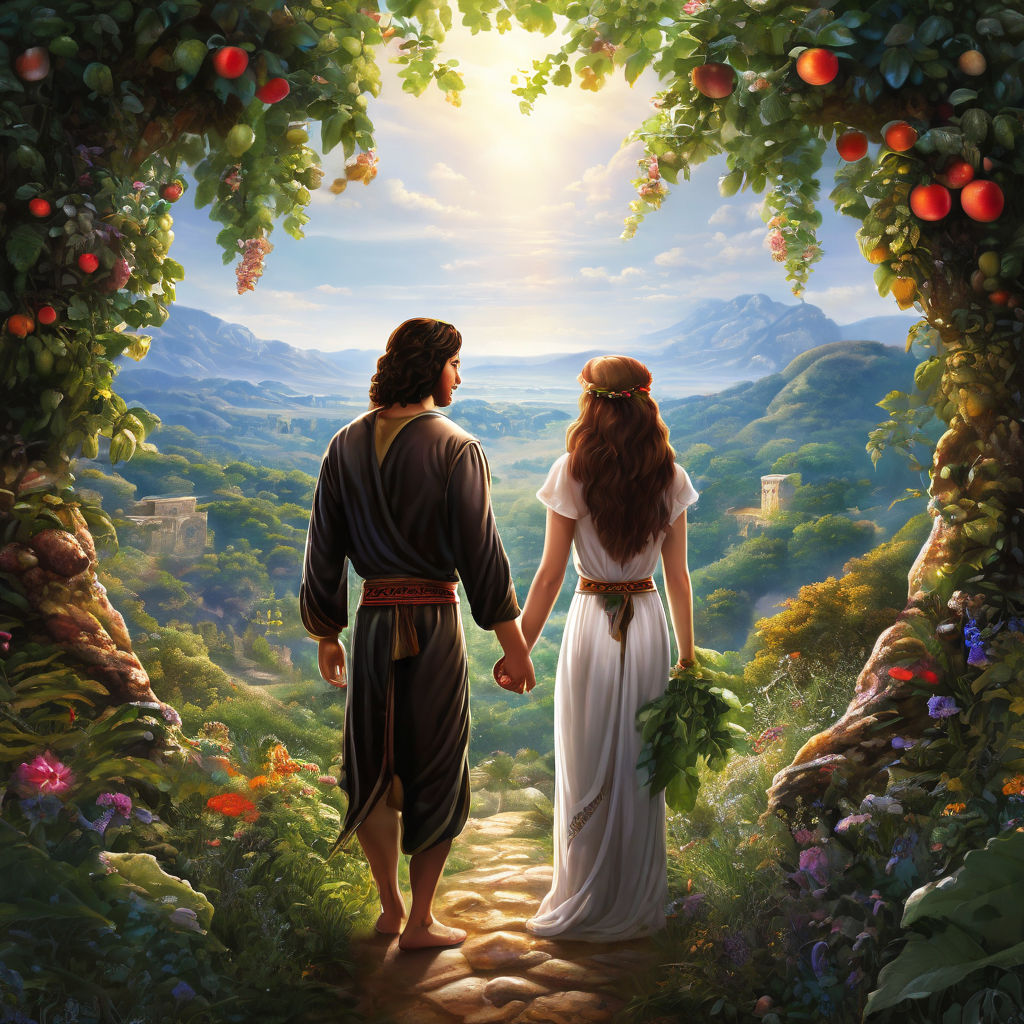 Adam and Eve holding hands with their backs to the Garden of... by ...