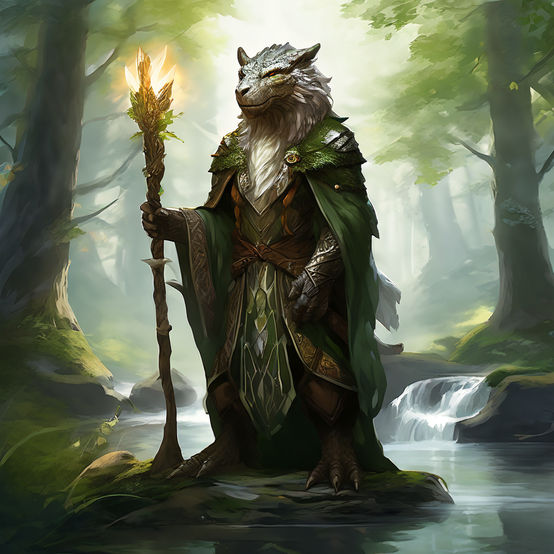 A wise Dragonborn Druid standing in a serene forest clearing by Mikhael ...