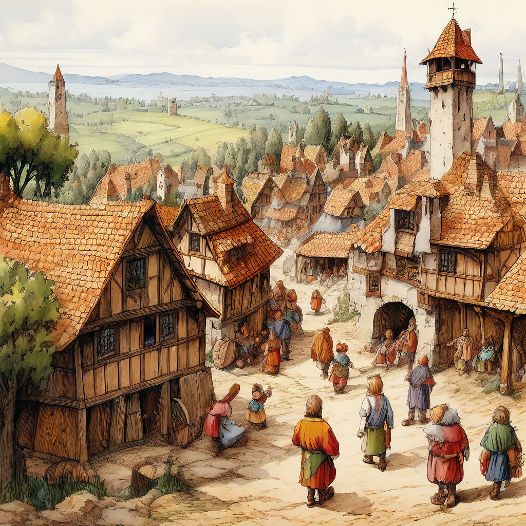 54. Children's drawing of a medieval village with peasants a... by nina ...