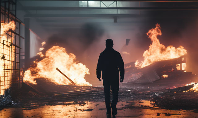 Man walking past massive fire in a closed room by Dimple Bloom - Playground