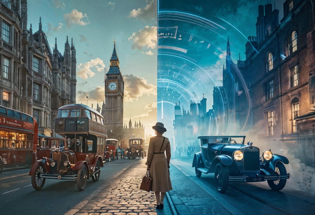 Time traveling woman standing between two London scenes by Rafael ...