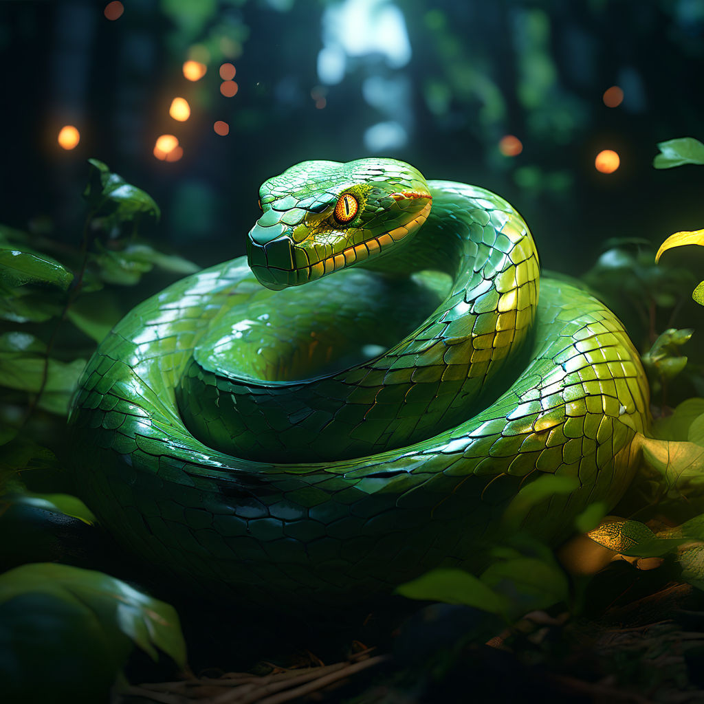 Green snake slithering through a detailed and intricate envi... by ...