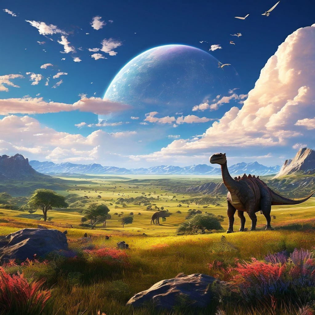 An endless expanse of grasslands with feathered dinosaurs an... by caesarowicz - Playground
