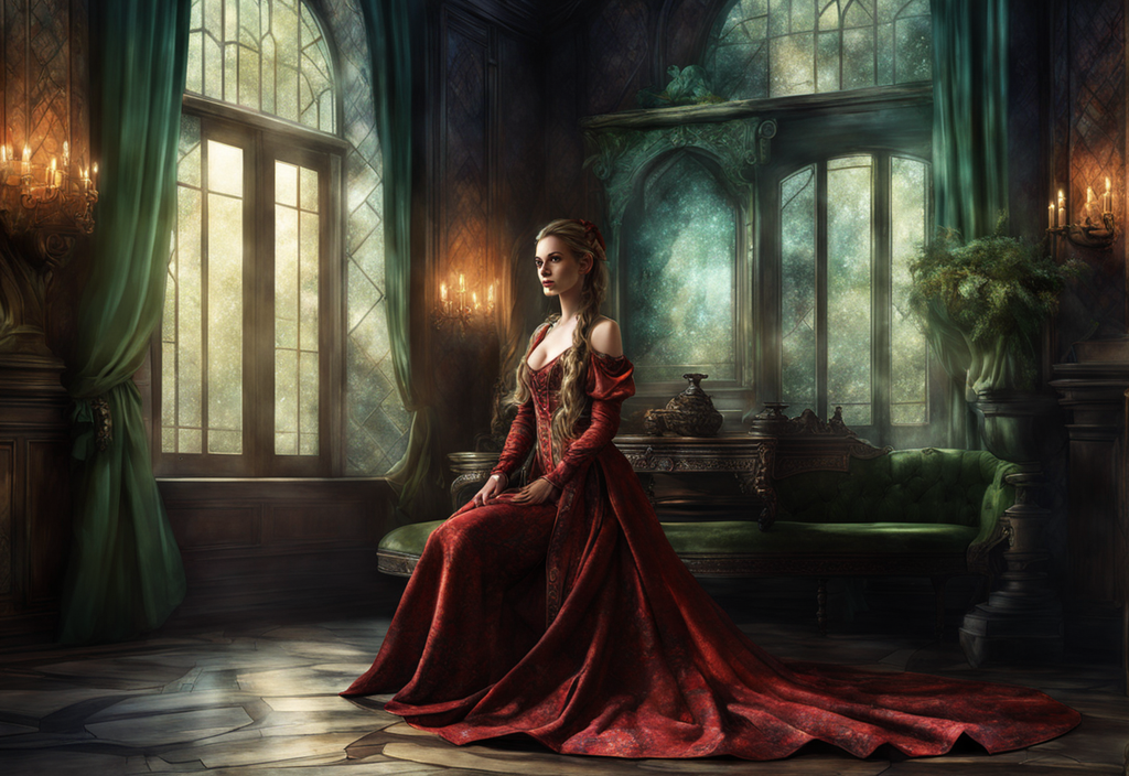 A portrait of a beautiful elf mistress in her manor house by ...