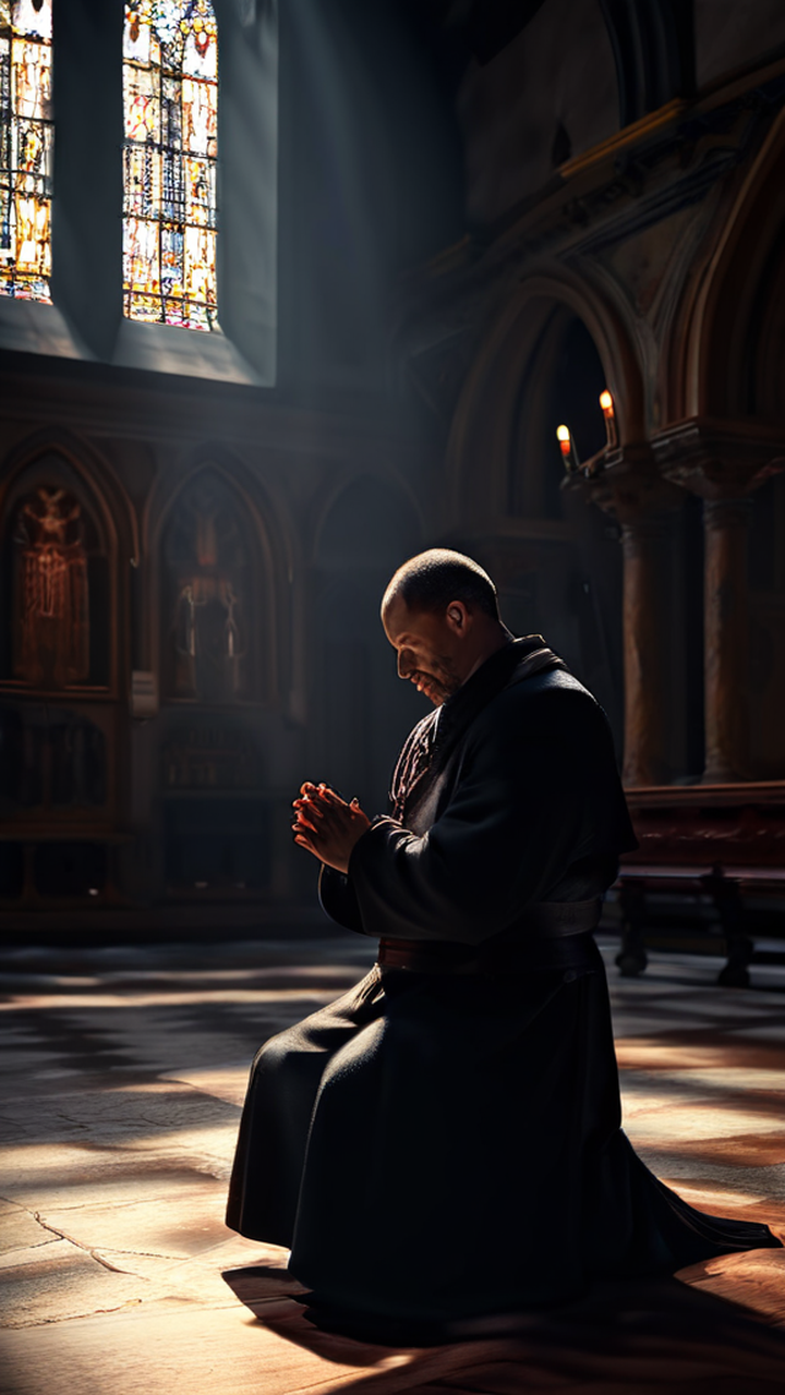 Martin Luther on his knees praying to God inside a church mi... by ...