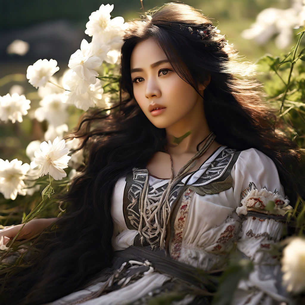 Full body beautiful Hmong lady with long black hair laying o... by ...