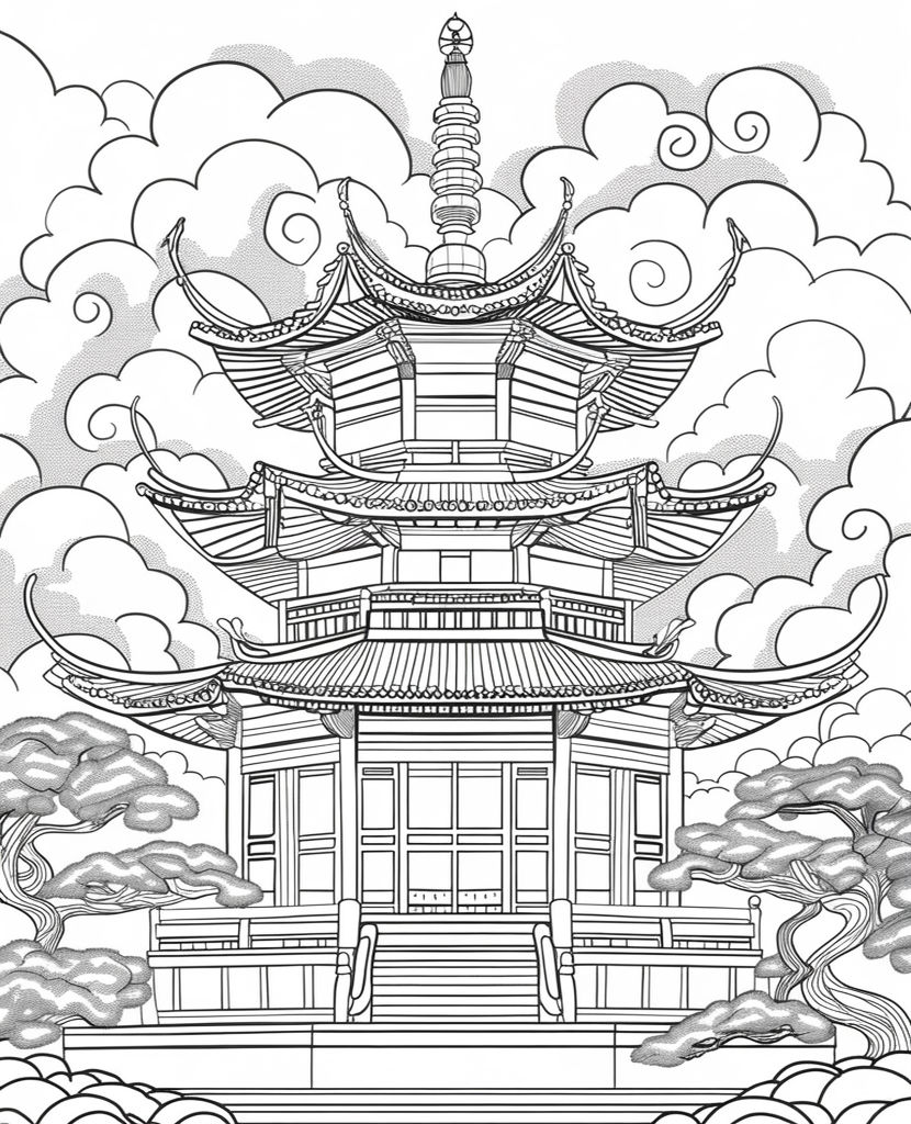 Japanese_temple_simple_line_drawing with watercolour effect by Perwanee ...