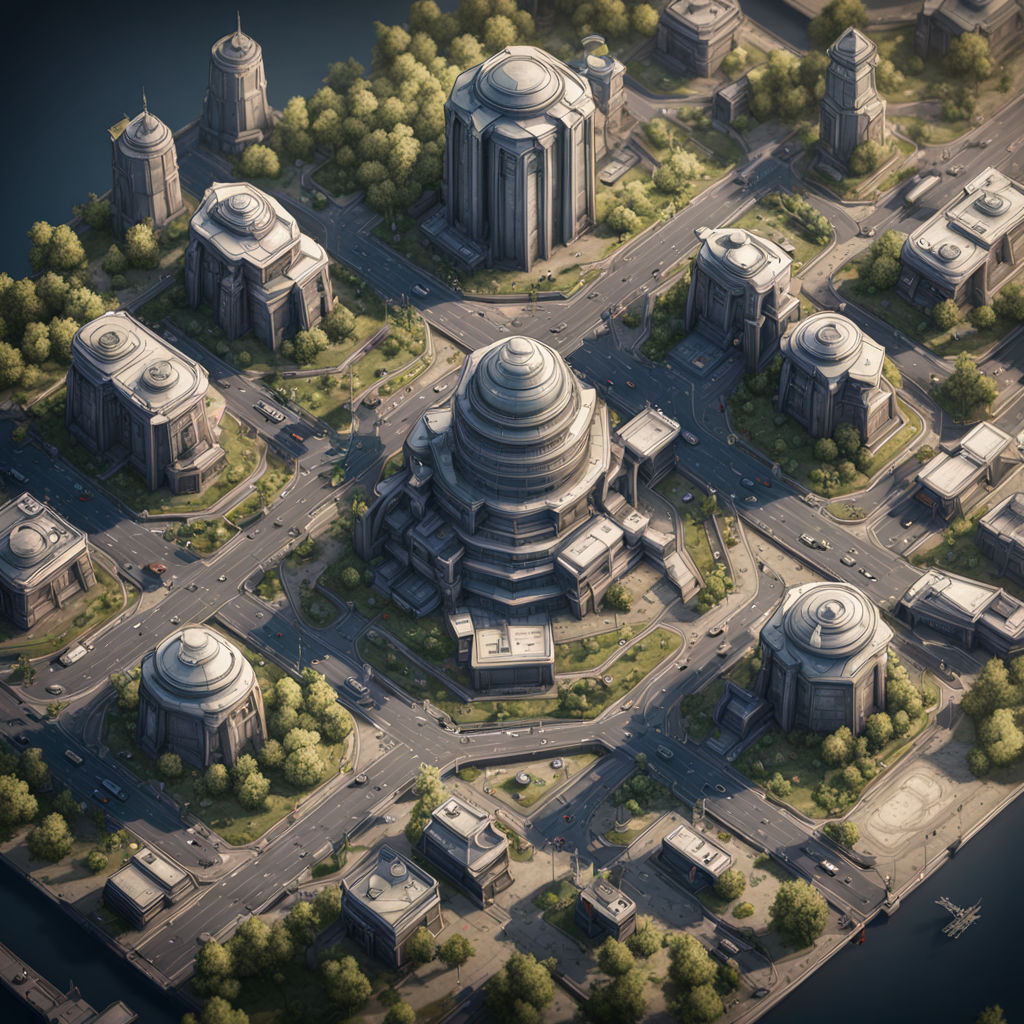 An illustrated top down map view of a scifi dystopian city l... by ...