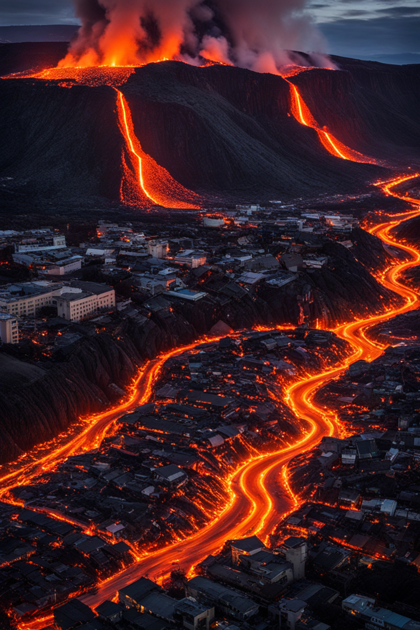 "A dramatic and intense scene where a massive flow of molten... by ᄋ미르 ...