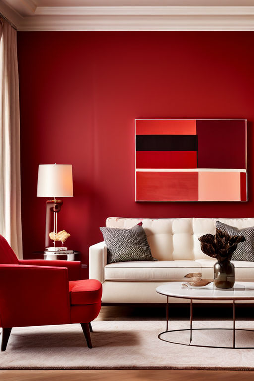 A simple and classy living room with red color walls. Couch by Ankit ...