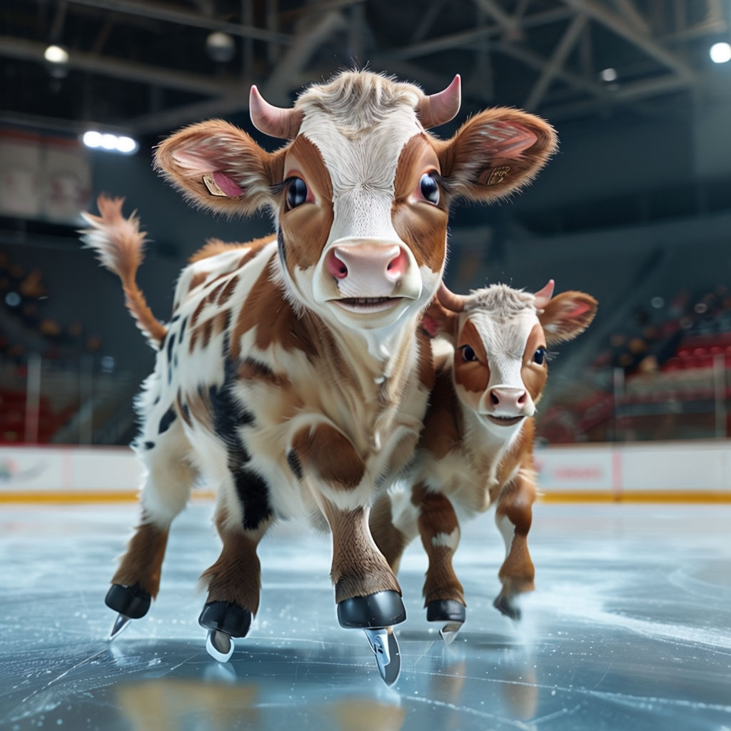 Very beautiful cow and her calf skating on the ice of a spor... by Yura ...
