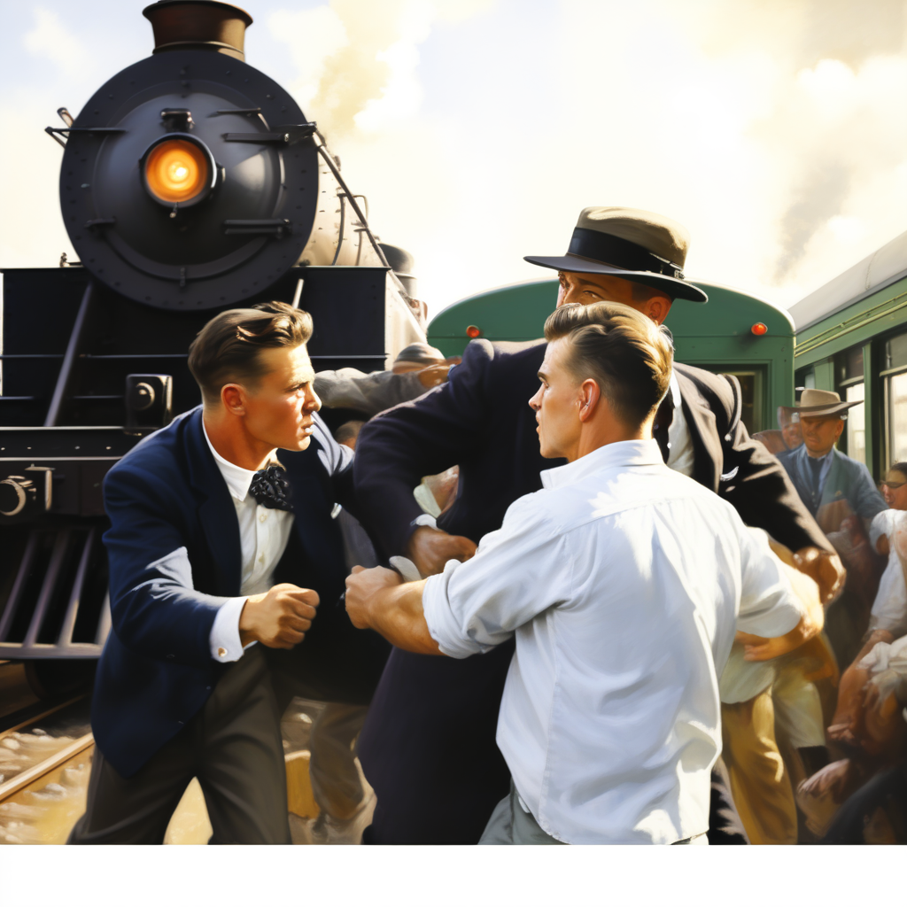 Men fighting on train carriage in style of norman rockwell by Shay ...