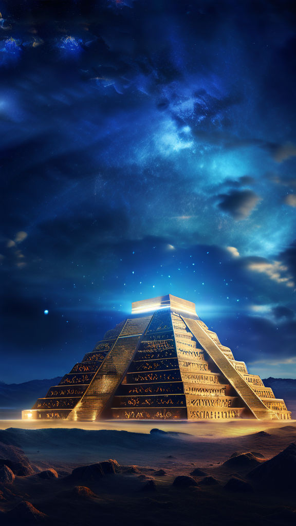 Ancient Sumerian ziggurat under a starry night sky with UFO-... by ...