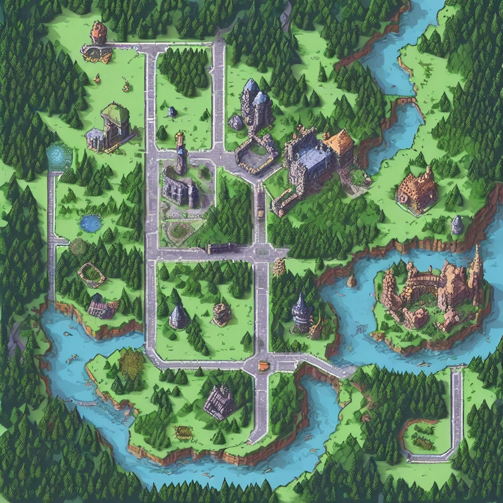 8-bit RPG-style fantasy world map viewed from a bird's-eye p... by ...