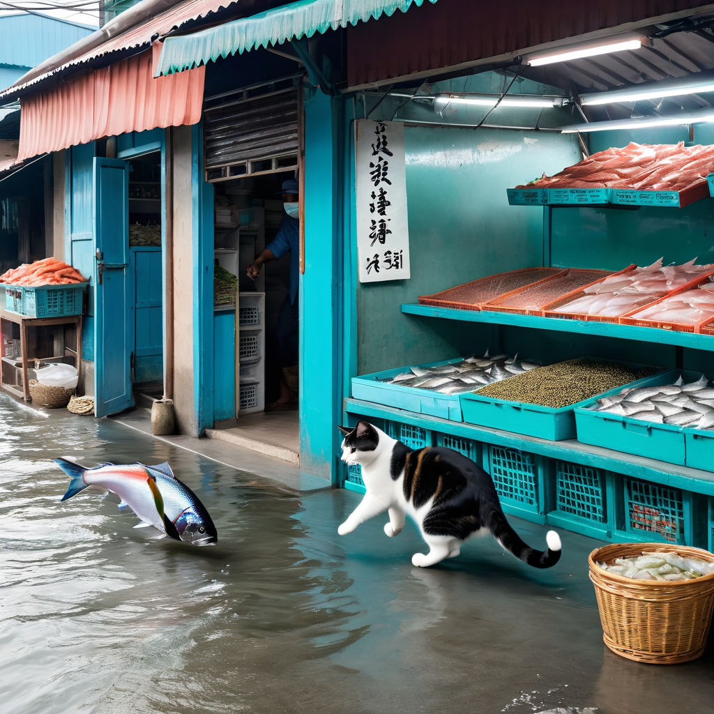 An cat stealing fish from a fish market and the shop owner c... by ...