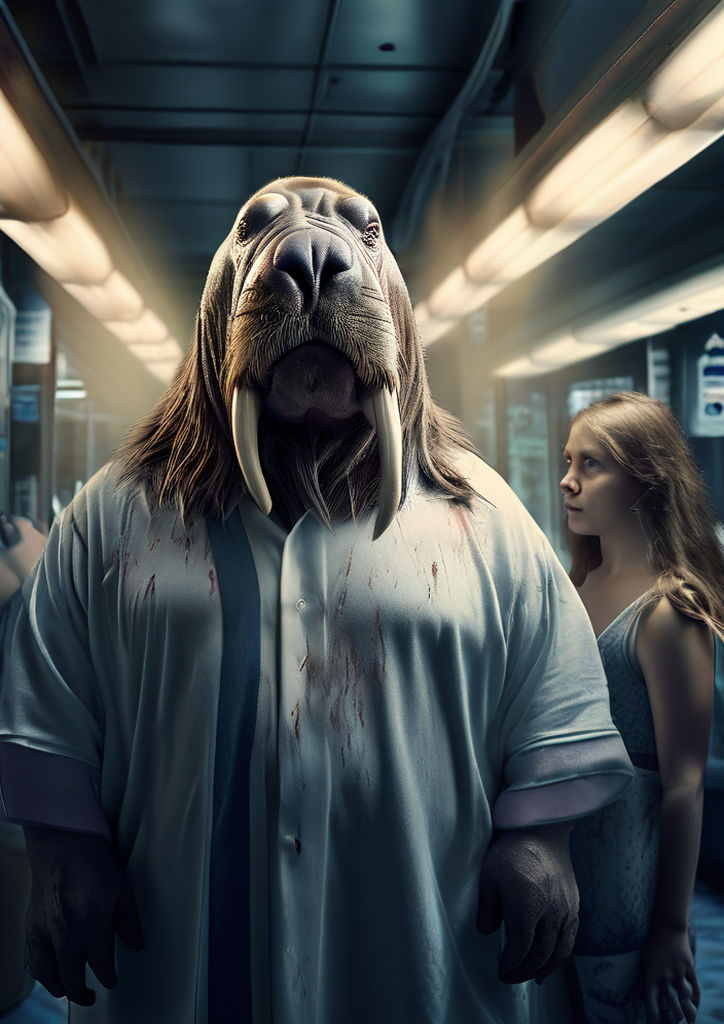 A walrus in a shirt stands in a car wash in a skyscraper sur... by ...