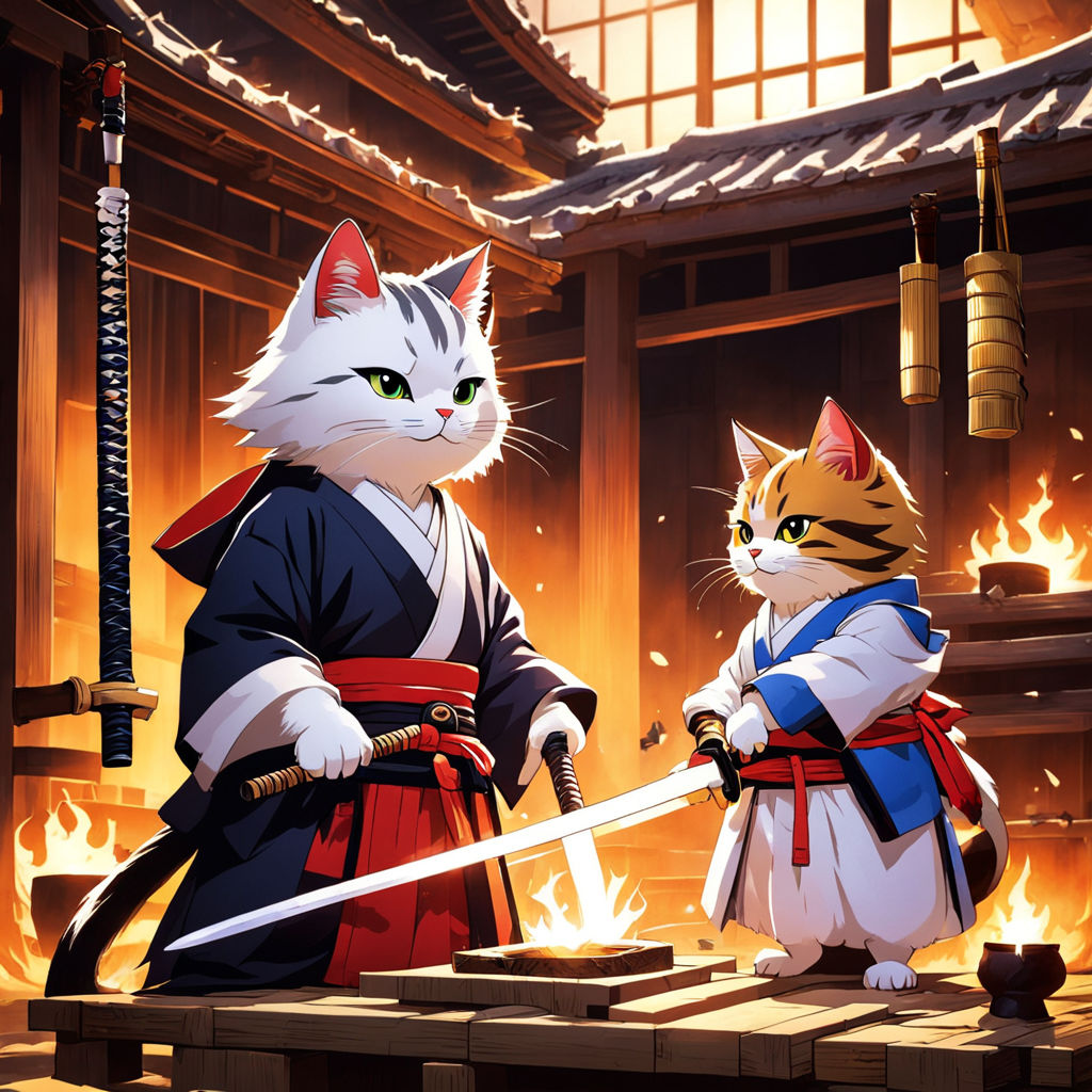 Samurai cats in Kimonos are making swords and katanas at a t... by ...